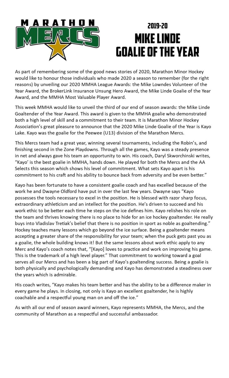 2019-20 Mike Linde Goalie of the Year - Marathon Minor Hockey Association